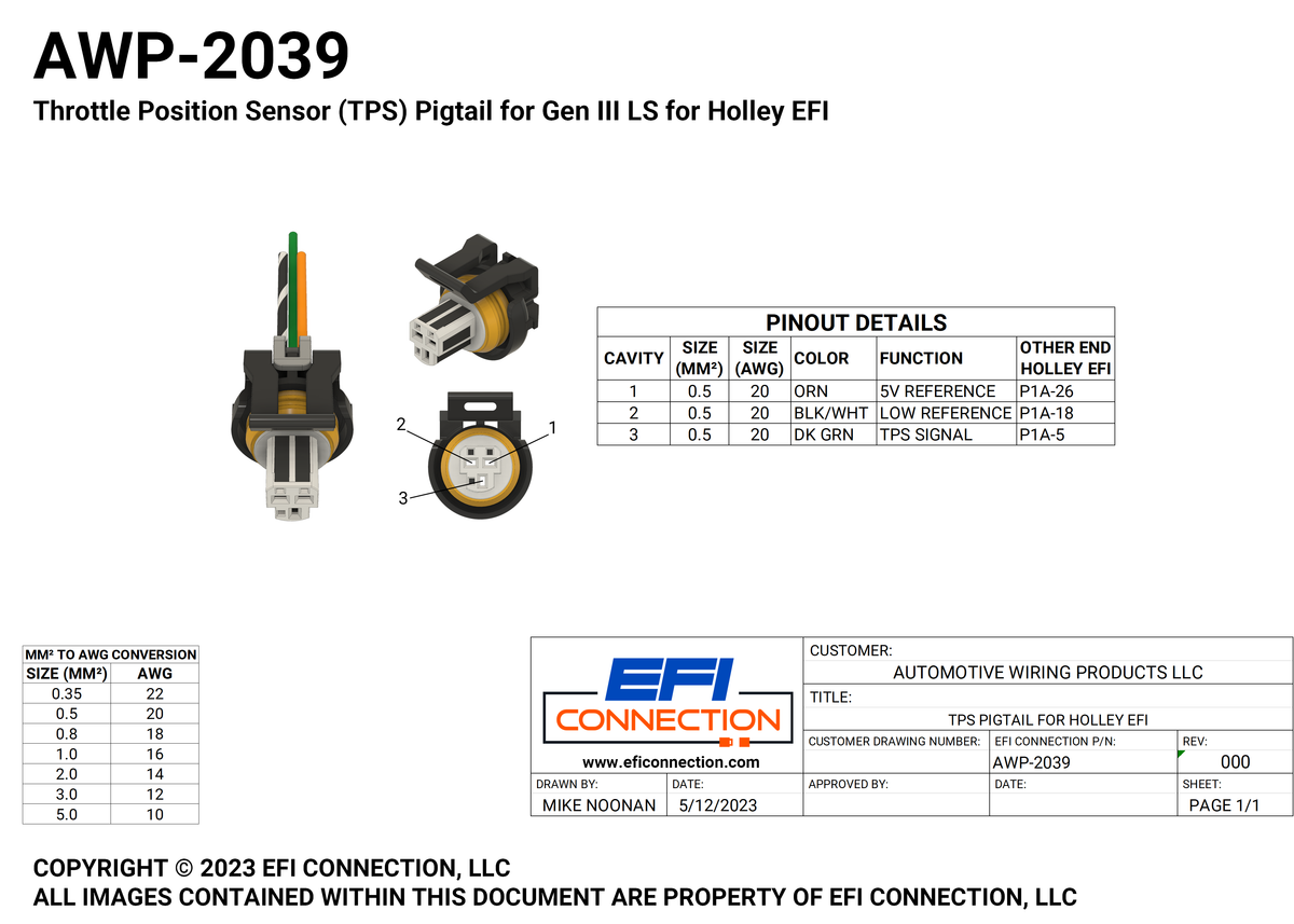 Throttle Position Sensor (TPS) Pigtail for Gen III LS for Holley EFI ...