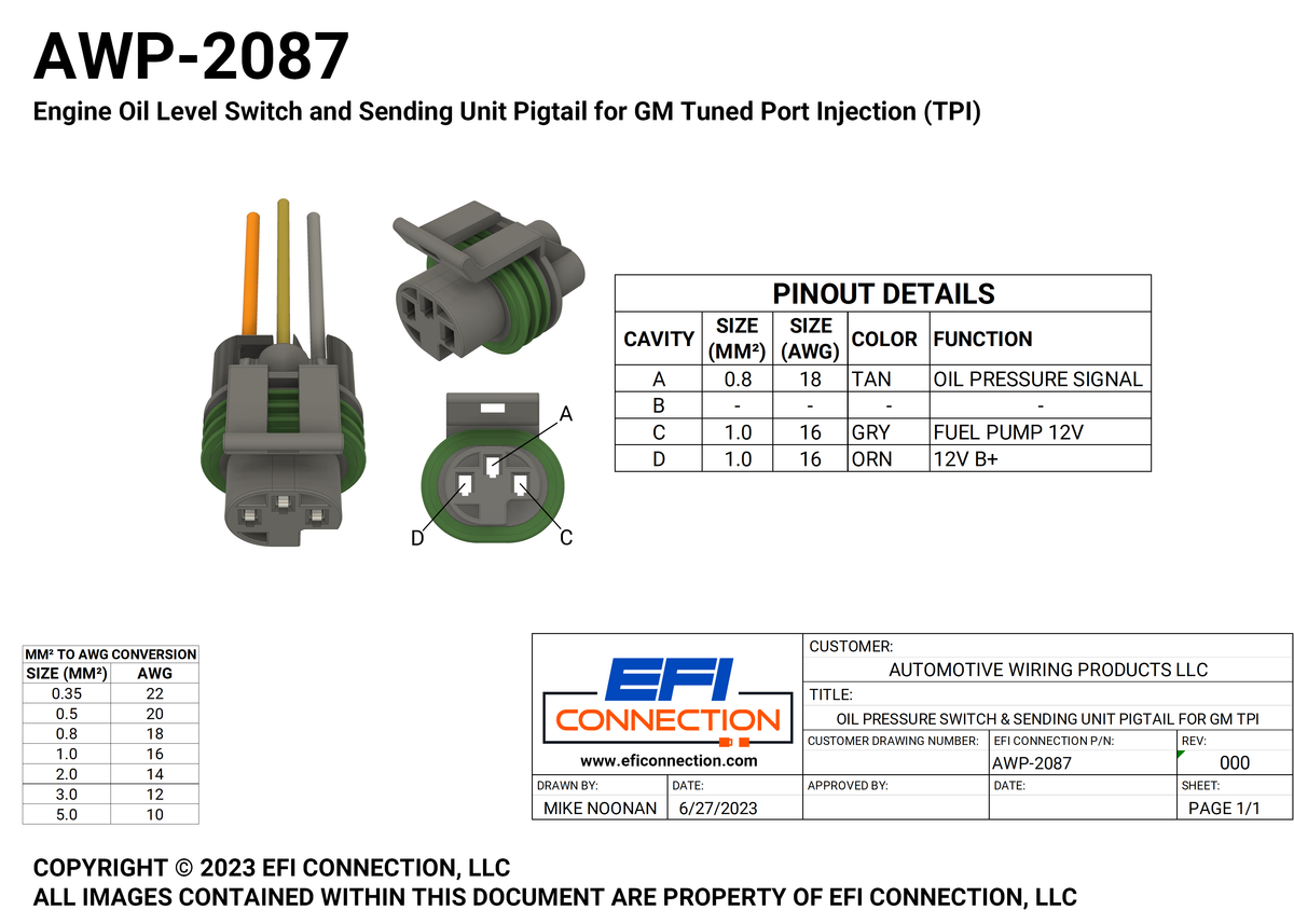 Engine Oil Level Switch and Sending Unit Pigtail for GM Tuned Port Inj ...